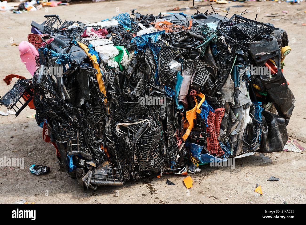 Pack of plastic materials in recycling plant yard closeup Stock Photo ...