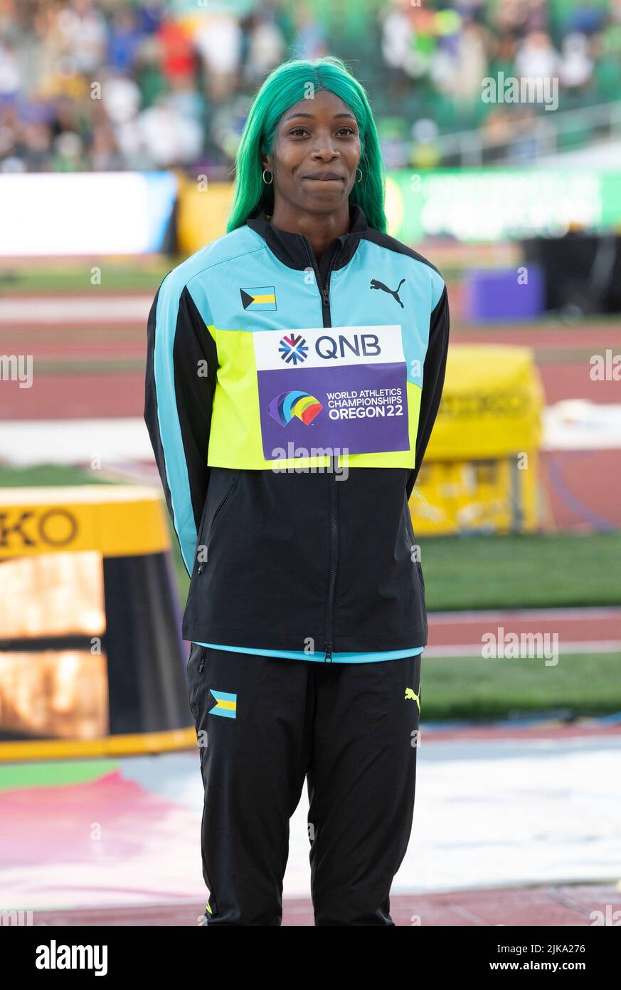 Shaunae Miller-Uibo (BAH) on the podium to receive her Gold medal in ...