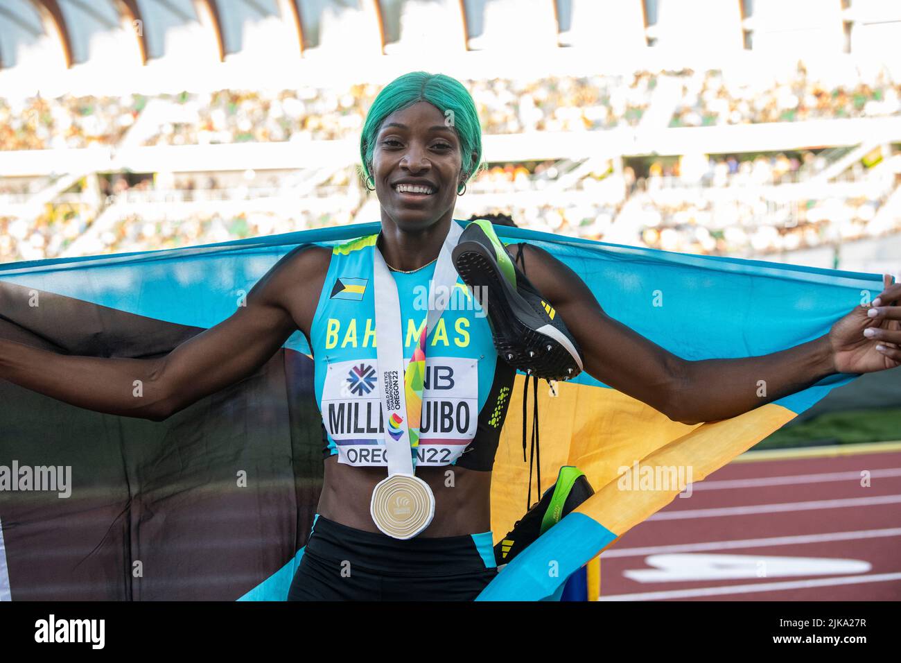 Shaunae Miller-Uibo (BAH) celebrating her win in the 400m women’s final ...