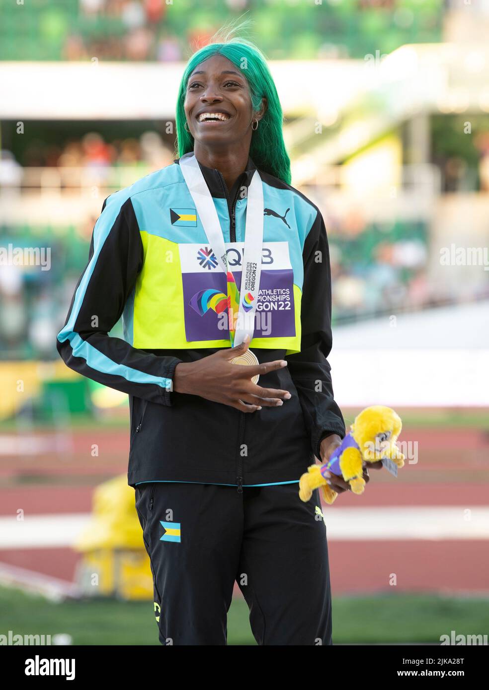 Shaunae Miller-Uibo (BAH) on the podium to receive her Gold medal in ...