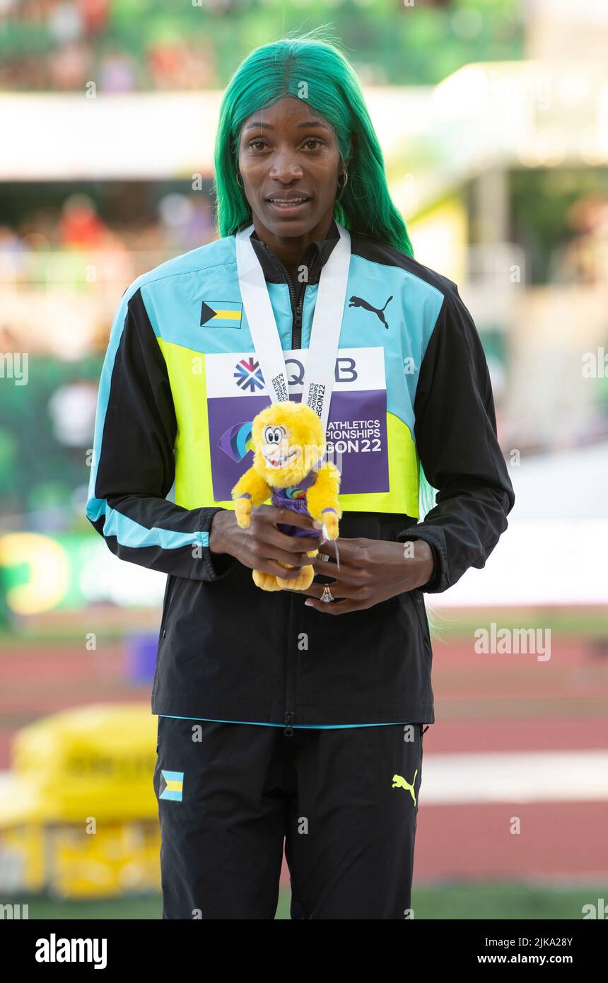 Shaunae Miller-Uibo (BAH) on the podium to receive her Gold medal in ...