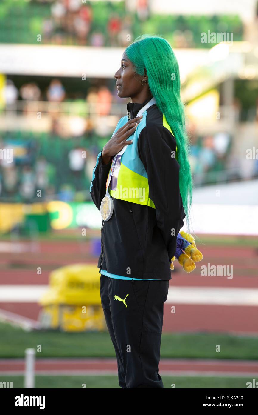 Shaunae Miller-Uibo (BAH) on the podium to receive her Gold medal in ...
