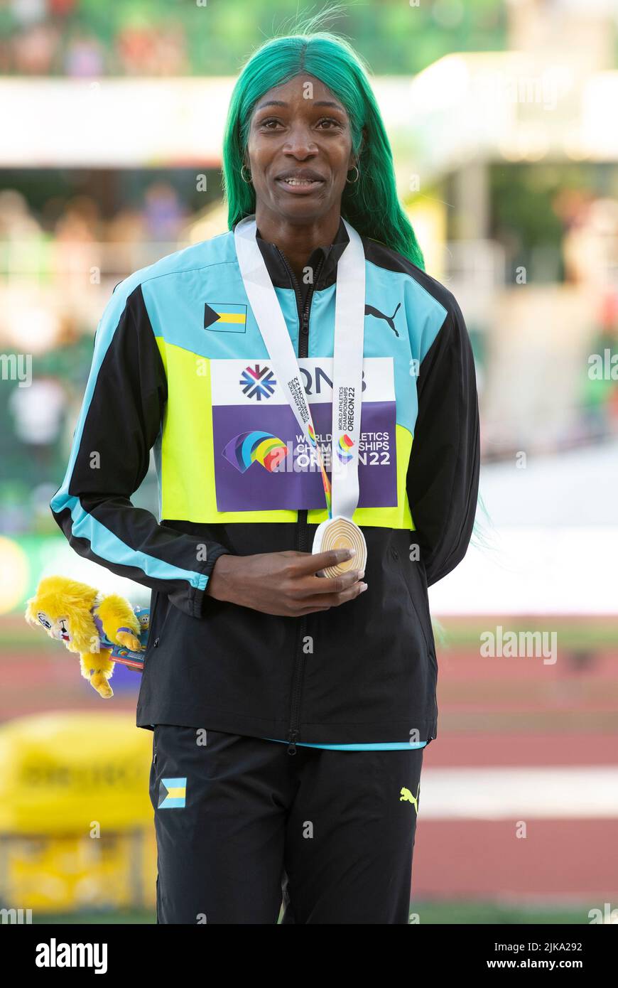 Shaunae Miller-Uibo (BAH) on the podium to receive her Gold medal in ...