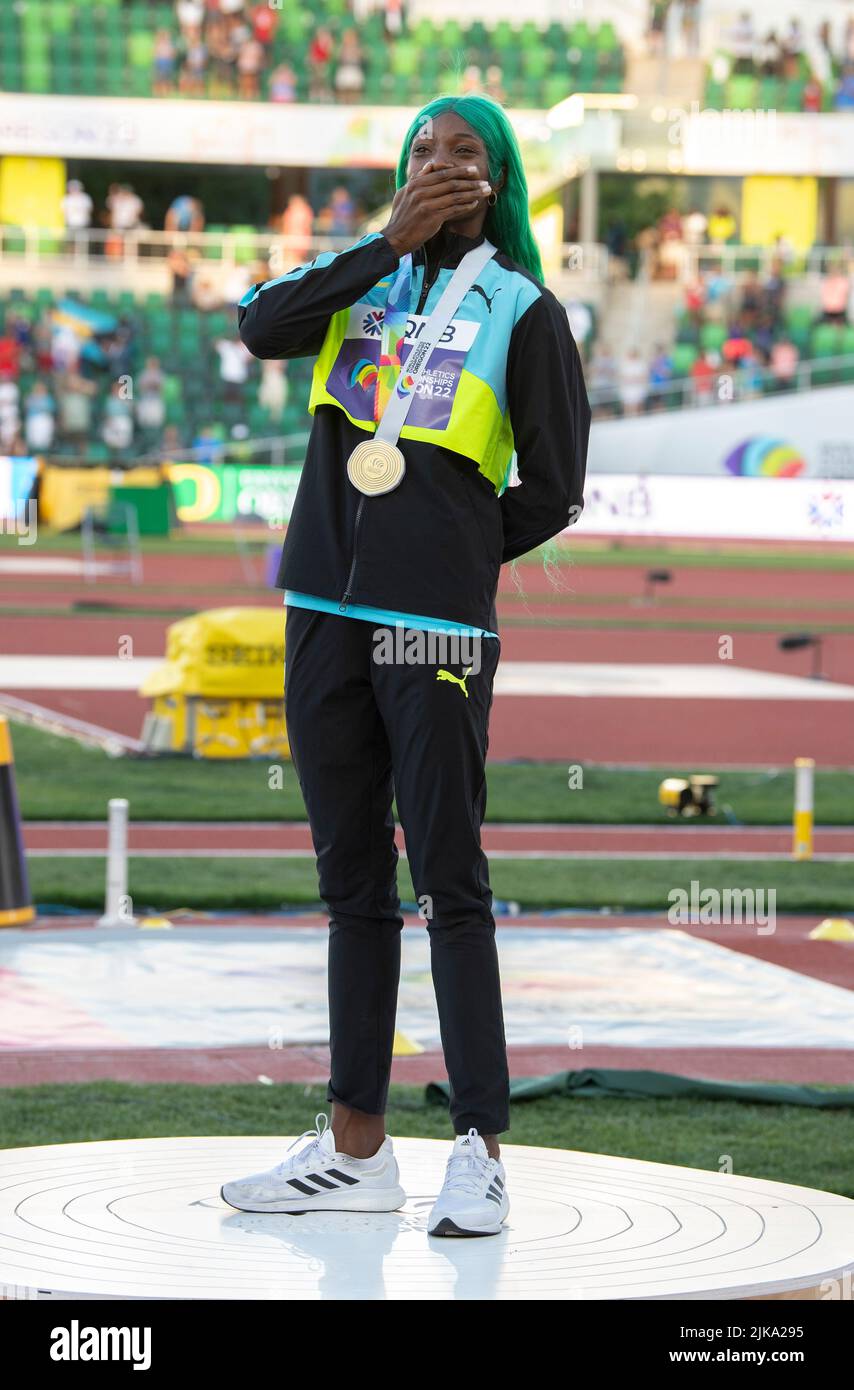 Shaunae Miller-Uibo (BAH) on the podium to receive her Gold medal in ...