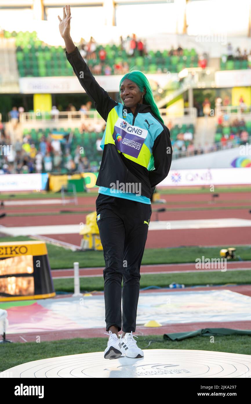 Shaunae Miller-Uibo (BAH) on the podium to receive her Gold medal in ...