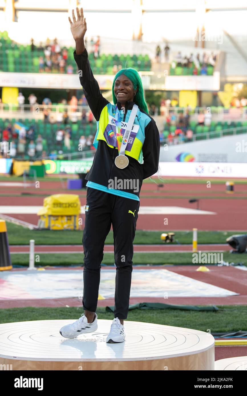 Shaunae Miller-Uibo (BAH) on the podium to receive her Gold medal in ...