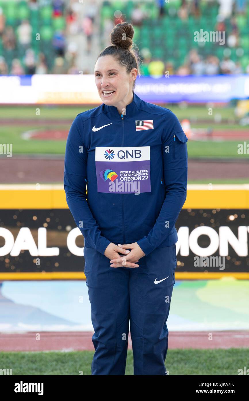 Kara Winger (USA) celebrating her silver medal in the women’s javelin ...