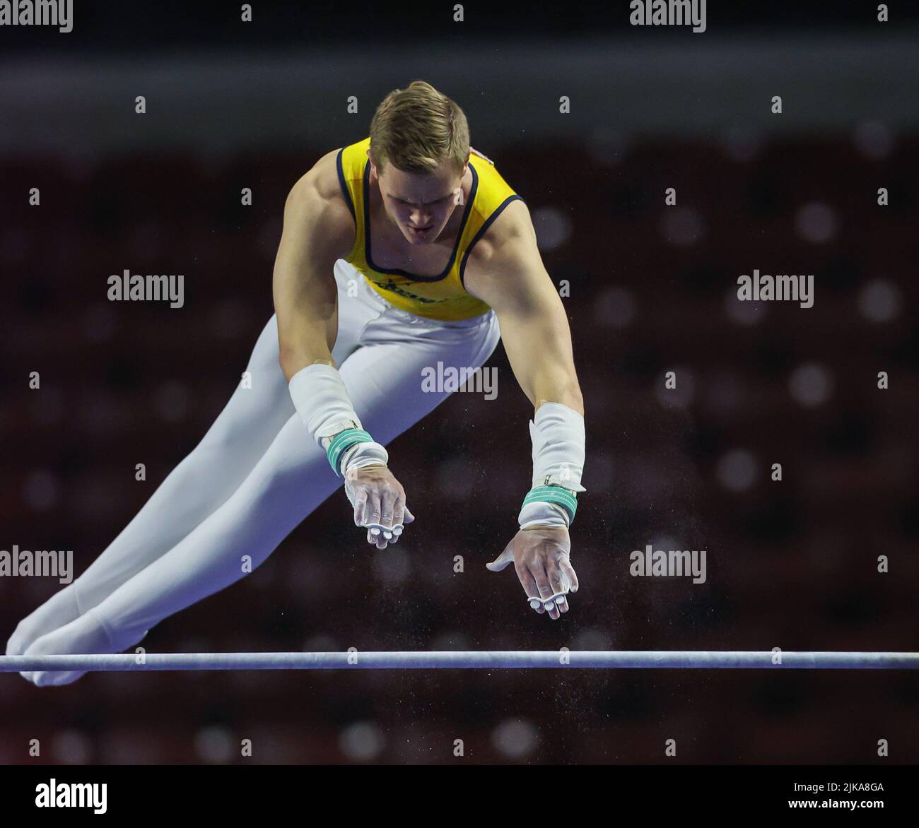 July 31, 2022: Caleb Rickard of Cal competes on the high bars during ...