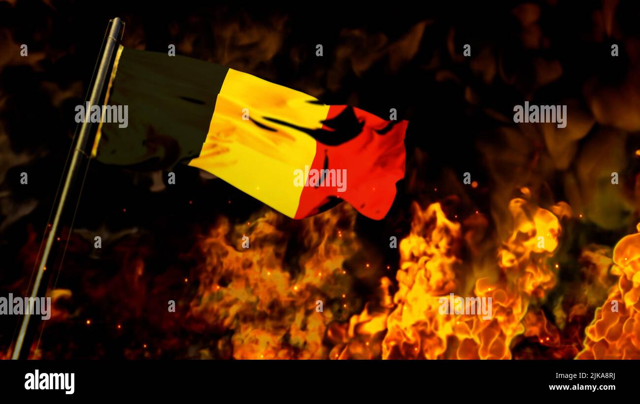 flag of Belgium on burning fire backdrop - hard times concept ...
