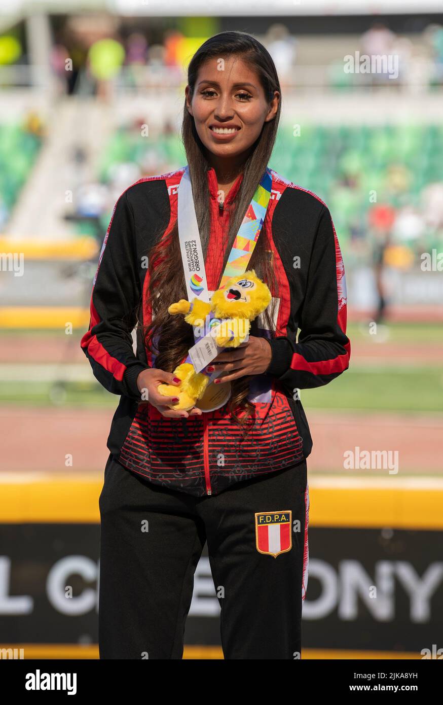 Kimberly Garcia Leon (PER) receiving her Gold medal for the women’s 20k ...