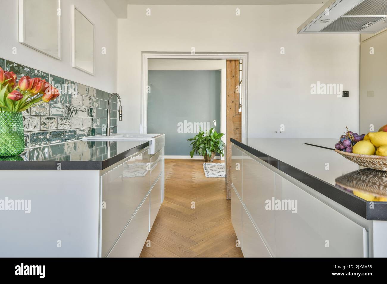 Fragment of interior of light narrow home kitchen with minimalist style ...