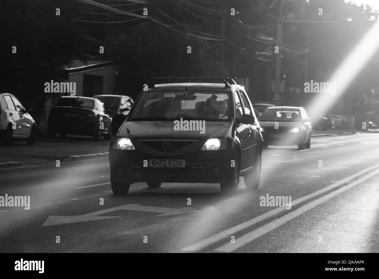 Car traffic, pollution, traffic jam city downtown Bucharest, Romania ...
