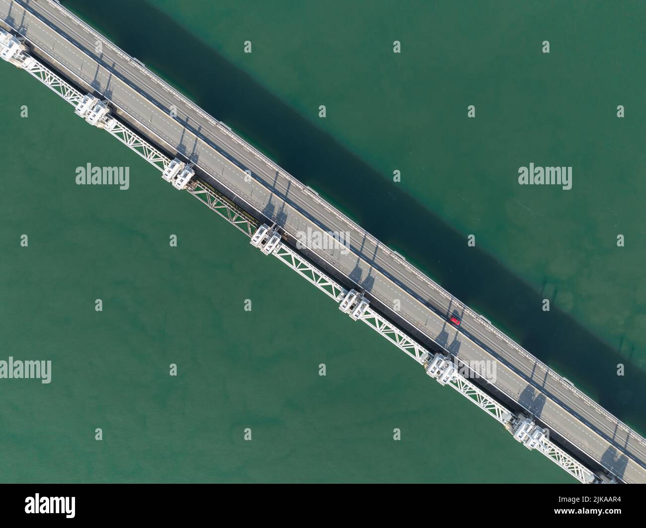 Overhead top down view of Oosterschelde barrier closable storm surge ...