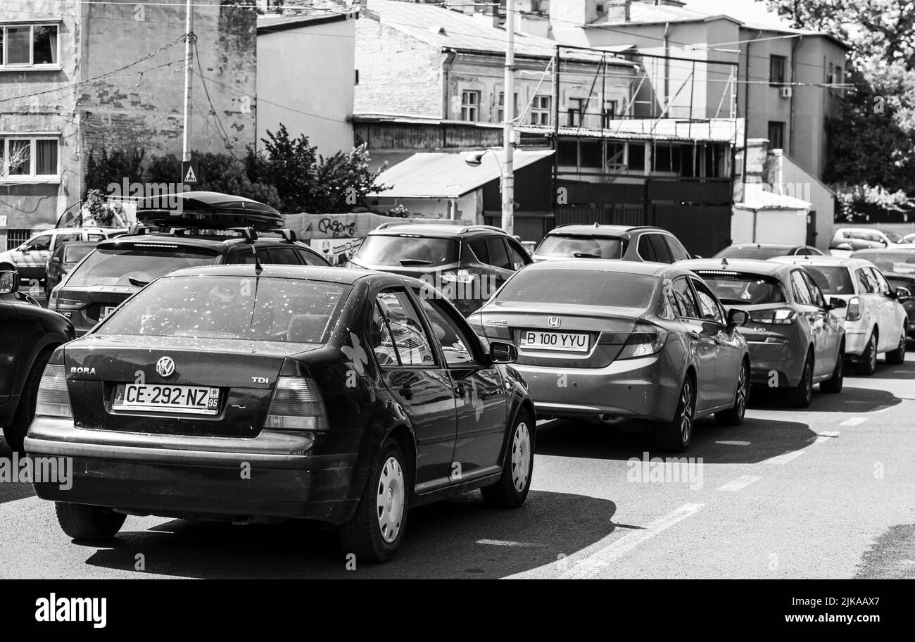 Car traffic, pollution, traffic jam city downtown Bucharest, Romania ...