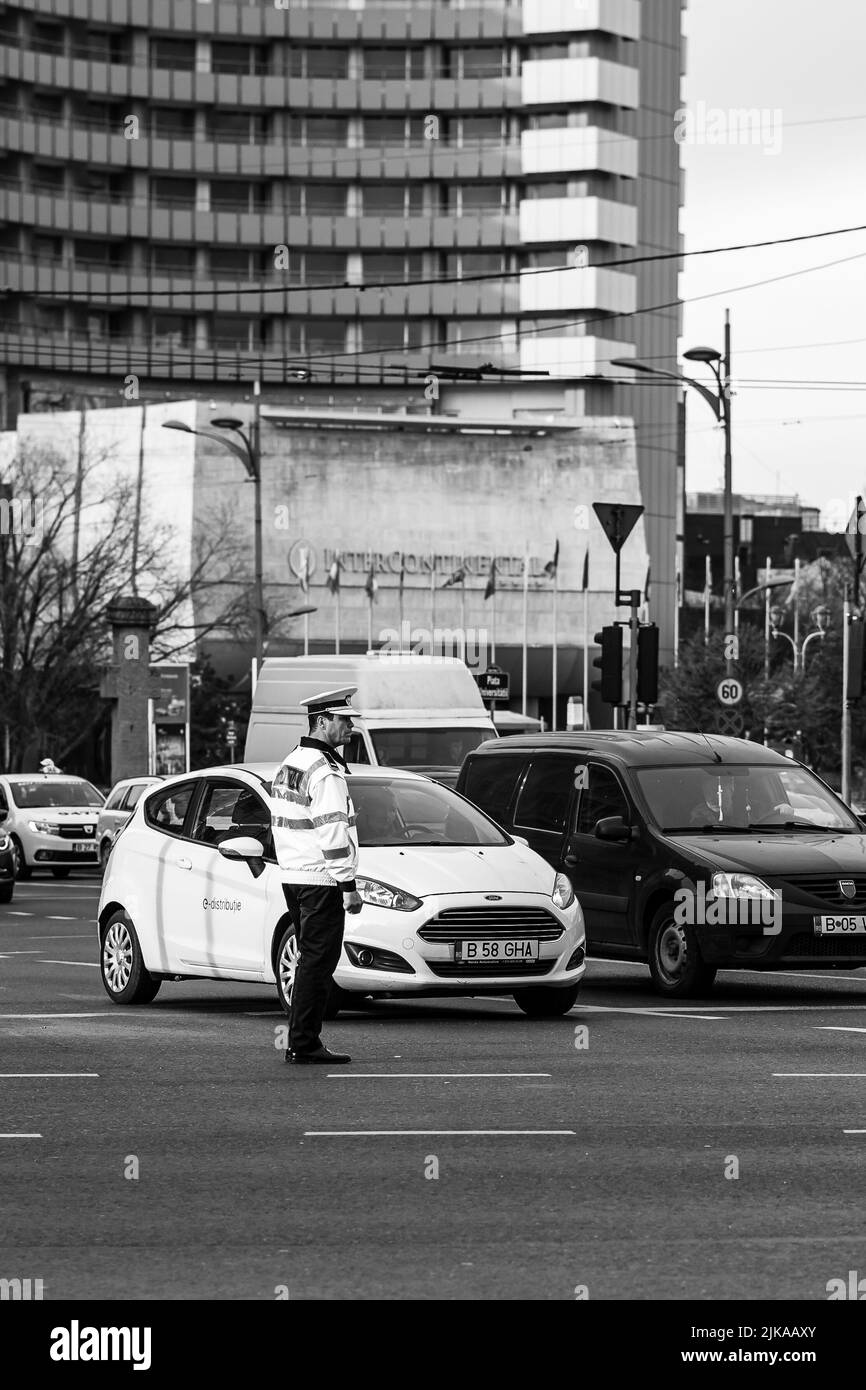Car traffic, pollution, traffic jam city downtown Bucharest, Romania ...