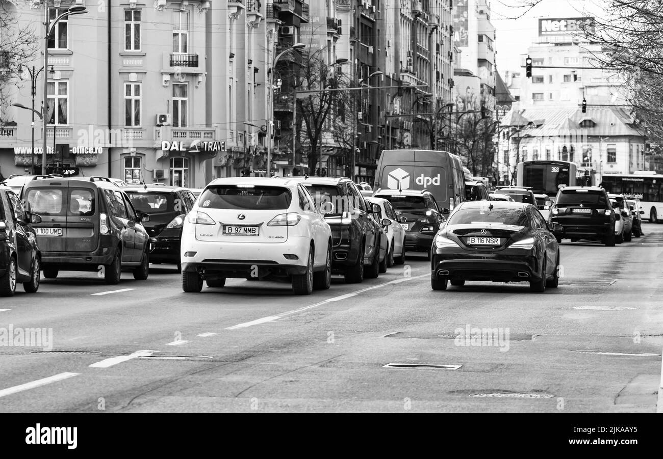 Car traffic, pollution, traffic jam city downtown Bucharest, Romania ...
