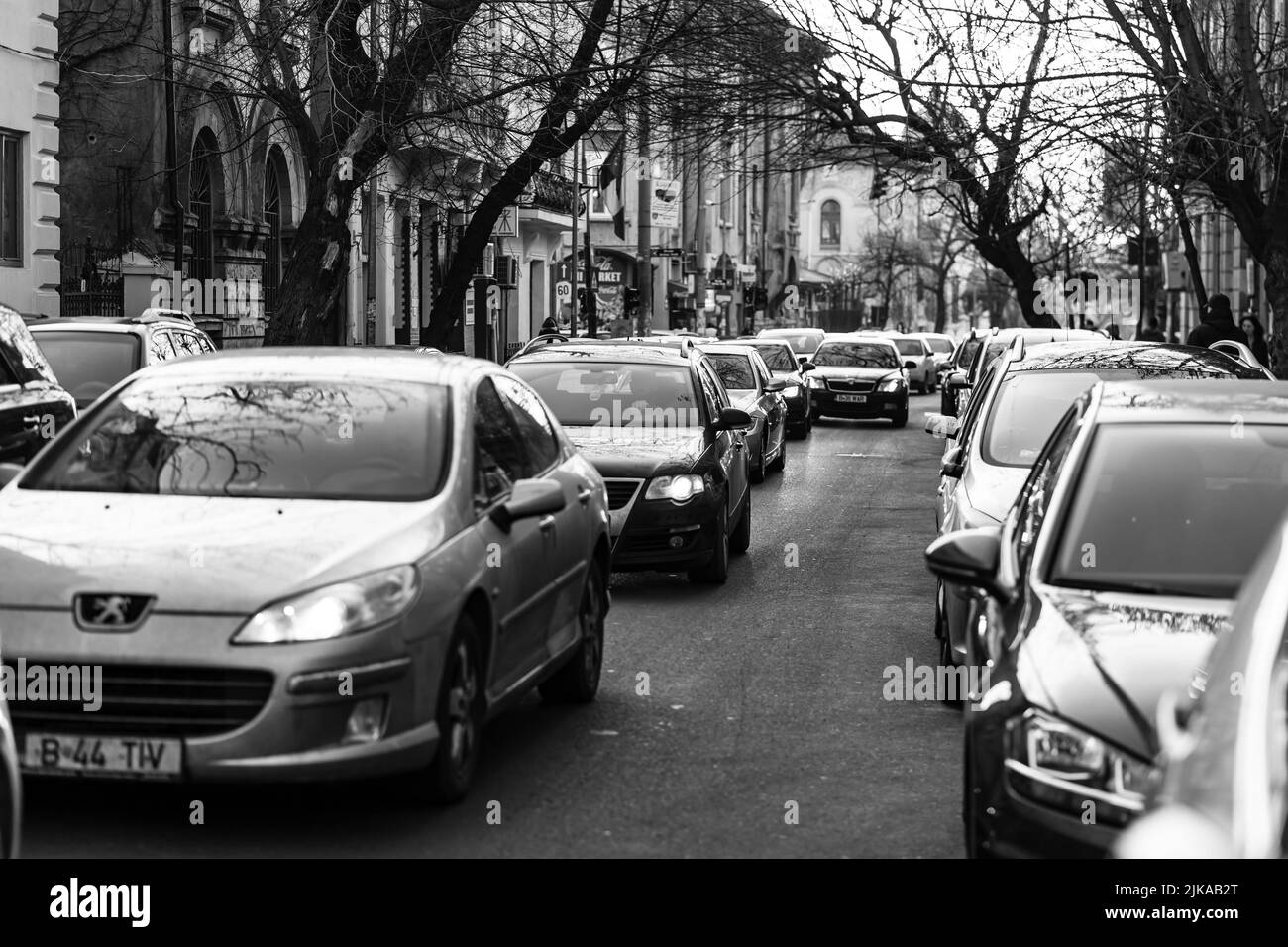 Car traffic, pollution, traffic jam city downtown Bucharest, Romania ...