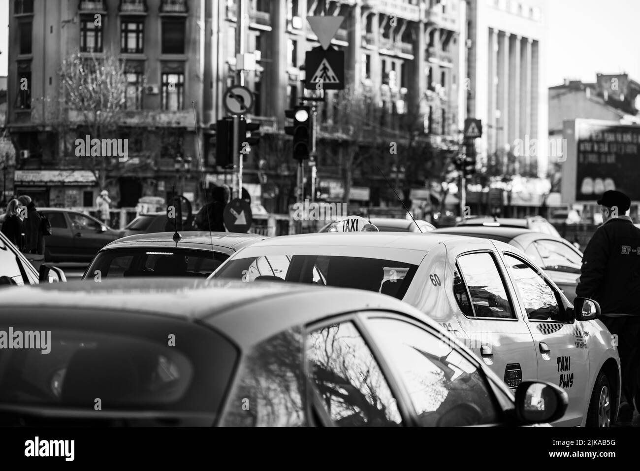 Car traffic, pollution, traffic jam city downtown Bucharest, Romania ...