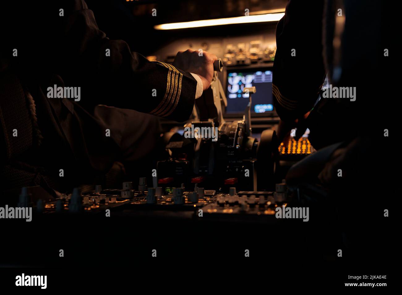 Airborne pilot throttling engine to takeoff with aircraft jet, flying ...