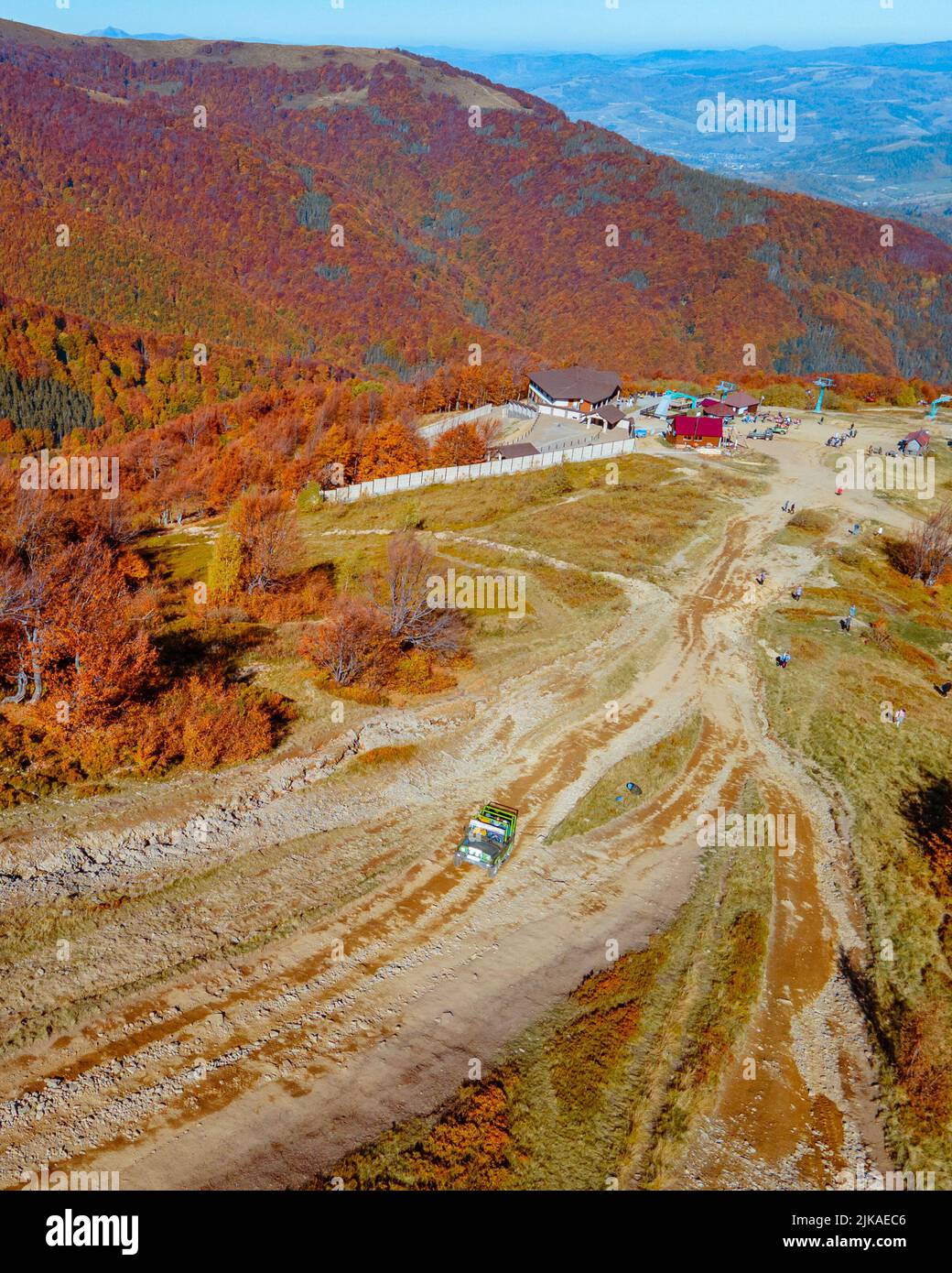 aerial view of off road attraction road to the top of carpathian ...