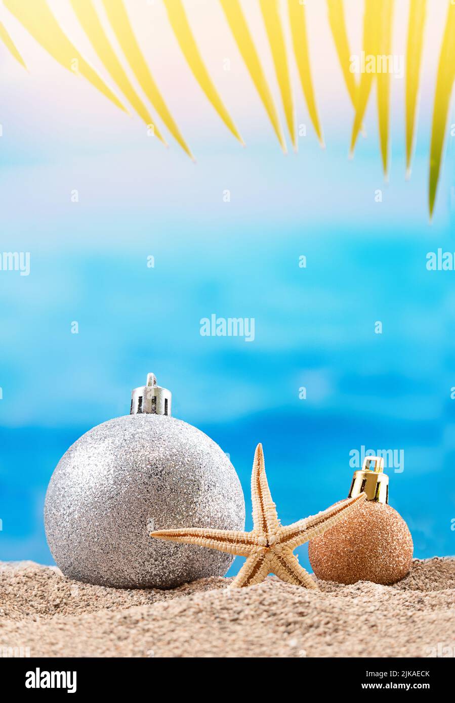 Glitter balls with starfish, palm on beach in tropical. Concept of ...