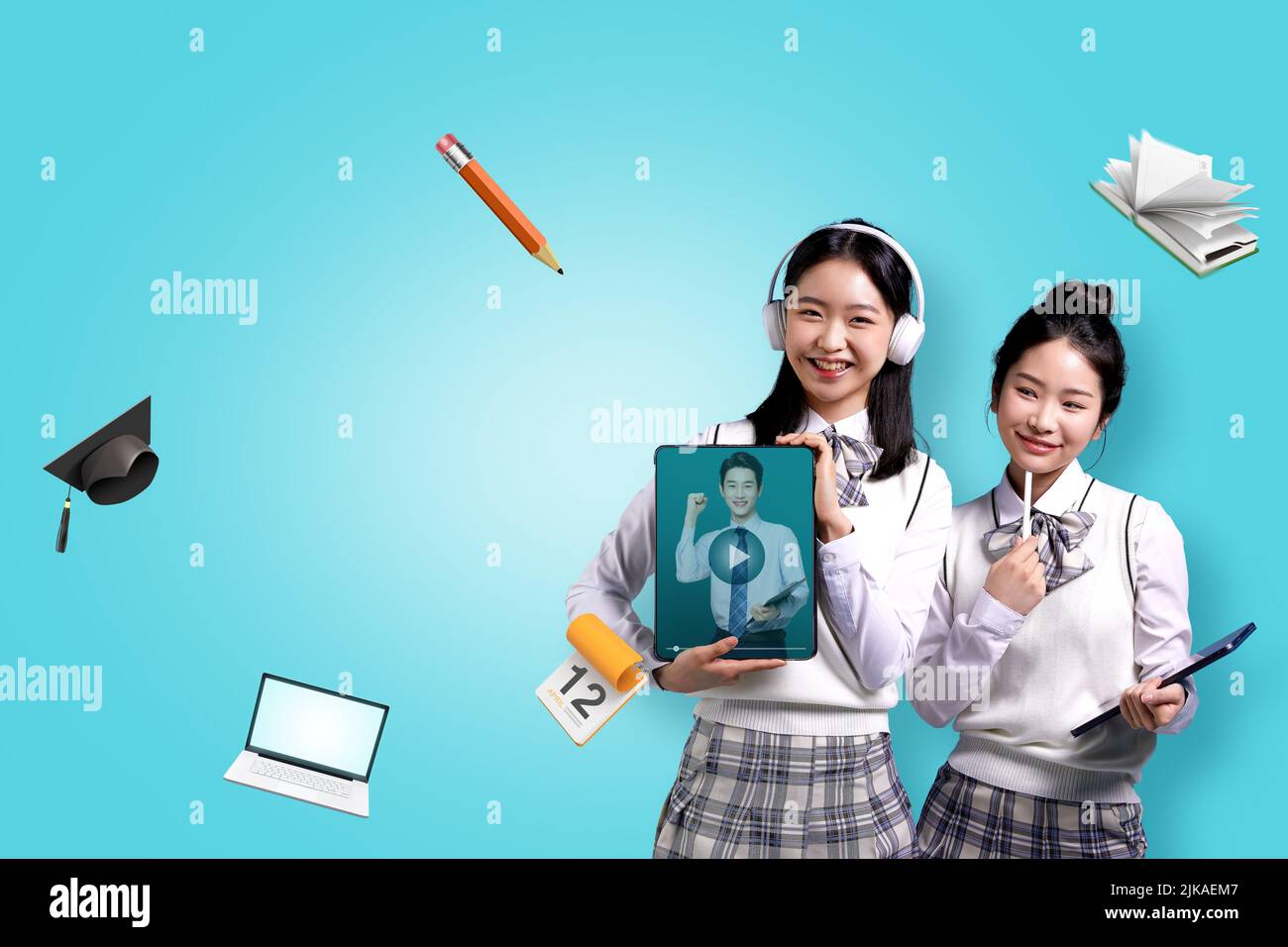 remote learning, online class poster Korean highschool students girls ...