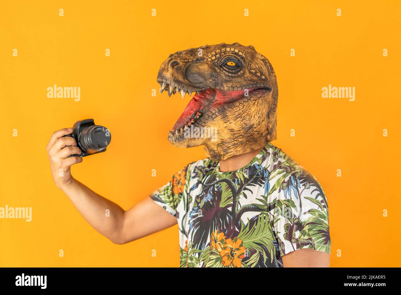 Man using professional camera wearing animal head mask isolated on ...