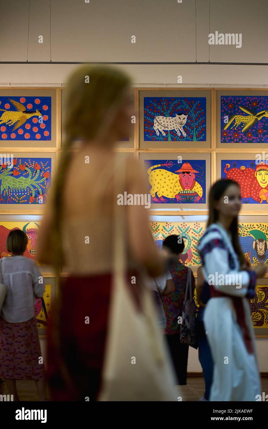 Lviv, Ukraine - JULY 29, 2022: The exhibition "Maria Prymachenko. I am ...