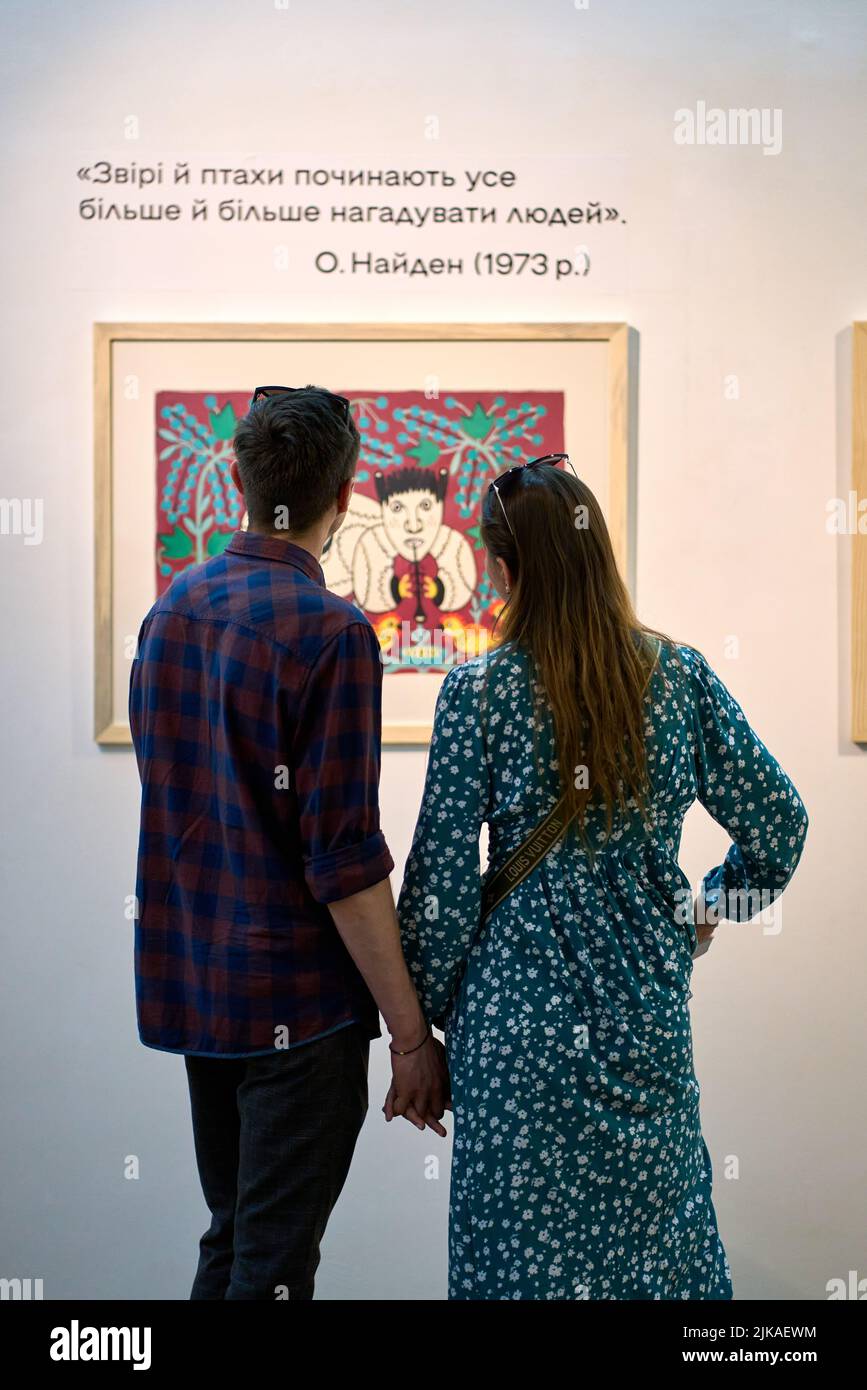 Lviv, Ukraine - JULY 29, 2022: The exhibition "Maria Prymachenko. I am ...