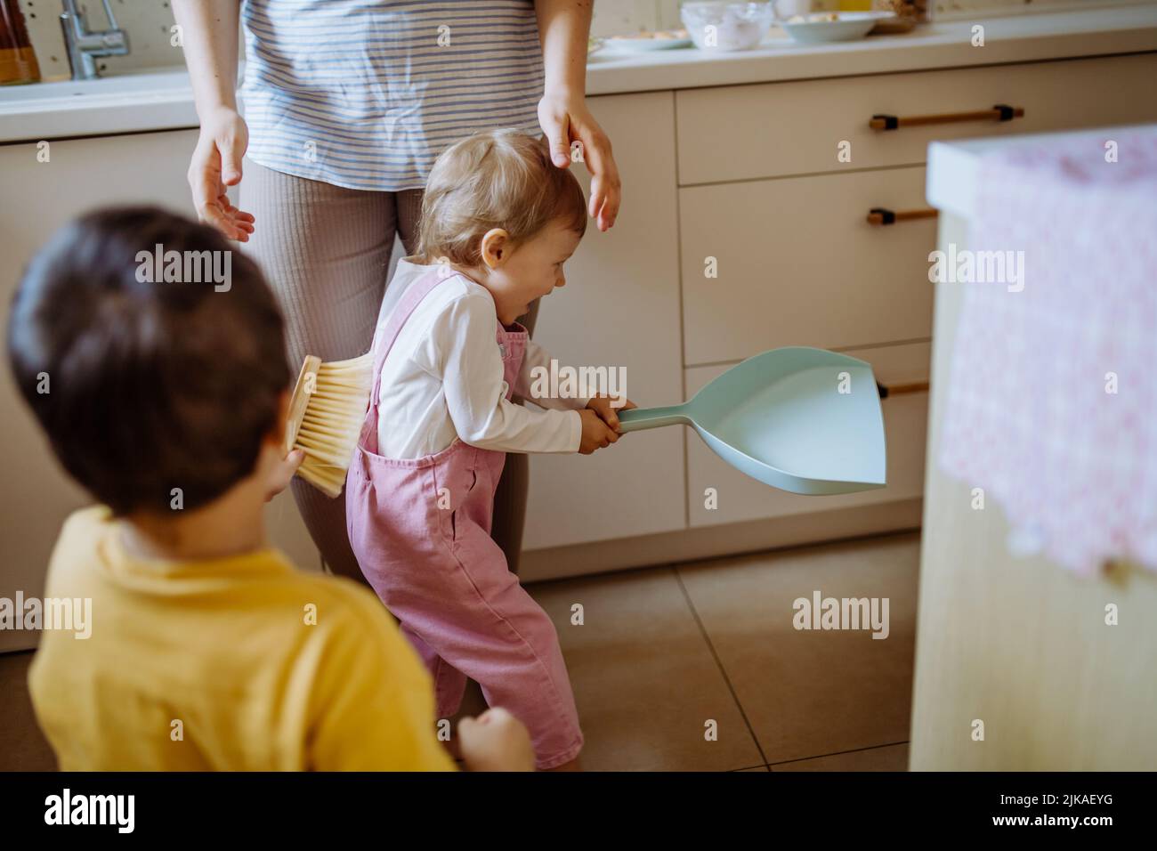 Little boy and girl helping to clean house using pan and brush as they ...