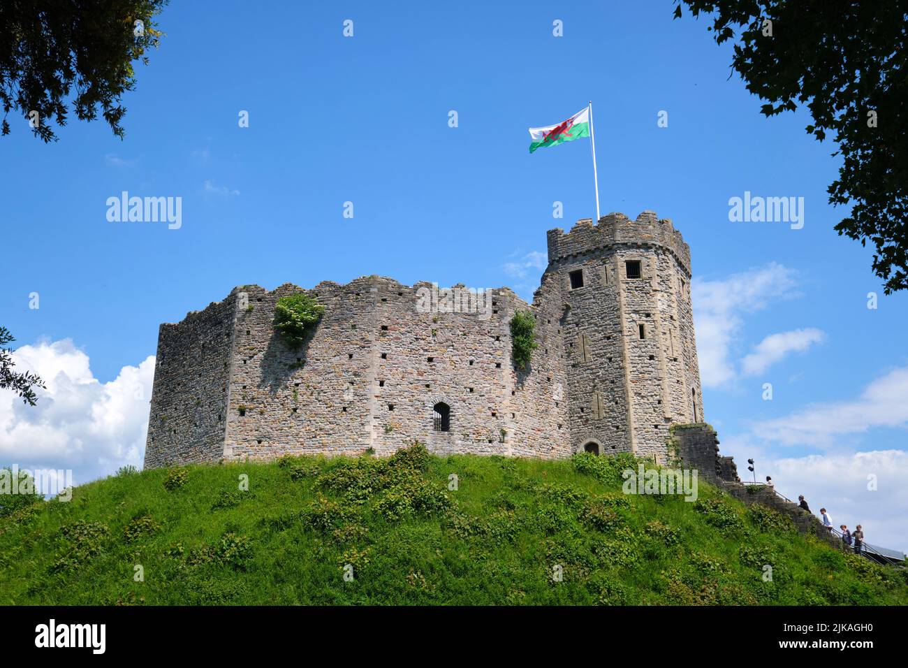 Exterior view of the old stone Keep on a hill. At Cardiff Castle in ...