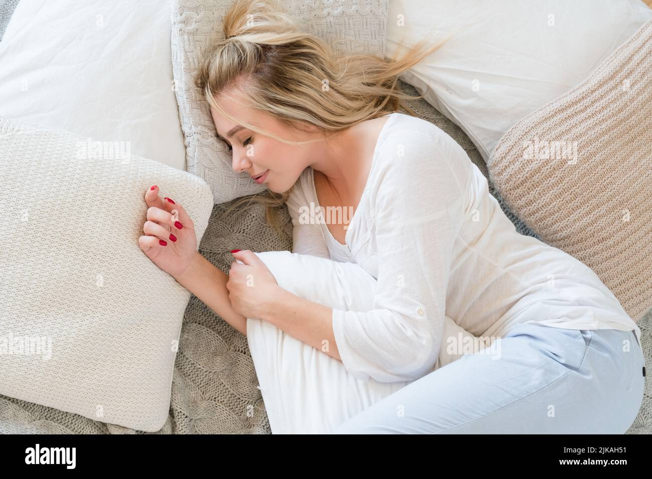 morning bedtime rest woman sleep peacefully bed Stock Photo - Alamy