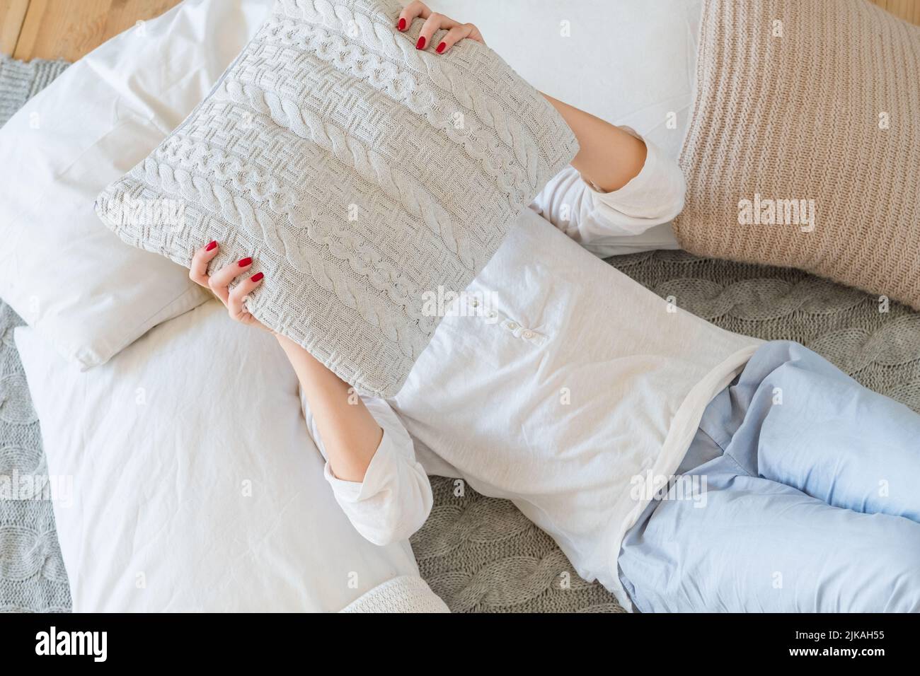 leisure time home rest woman bed pillow Stock Photo - Alamy