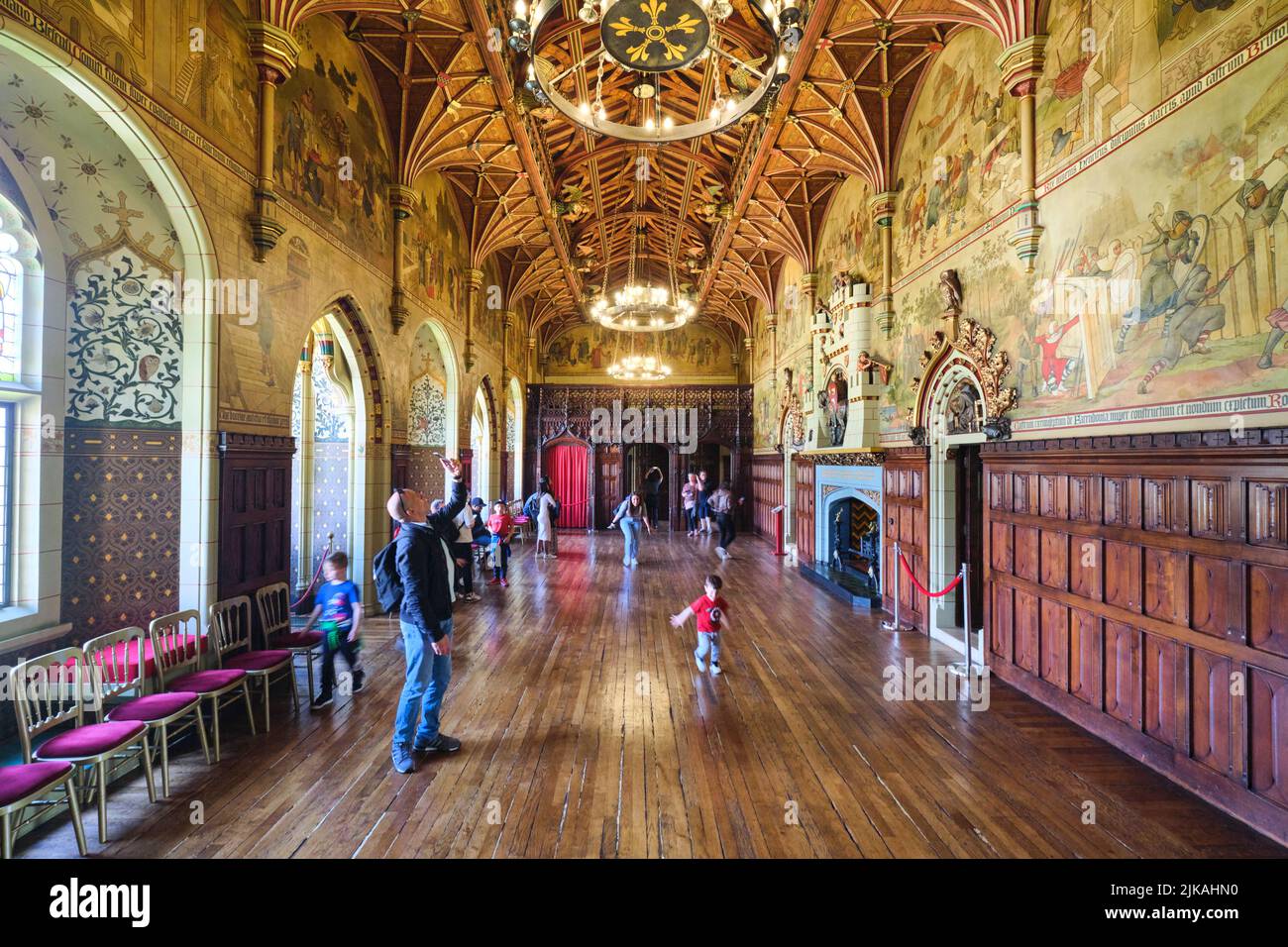 The large, rectangular Banquet Room with murals and a vaulted ceiling ...
