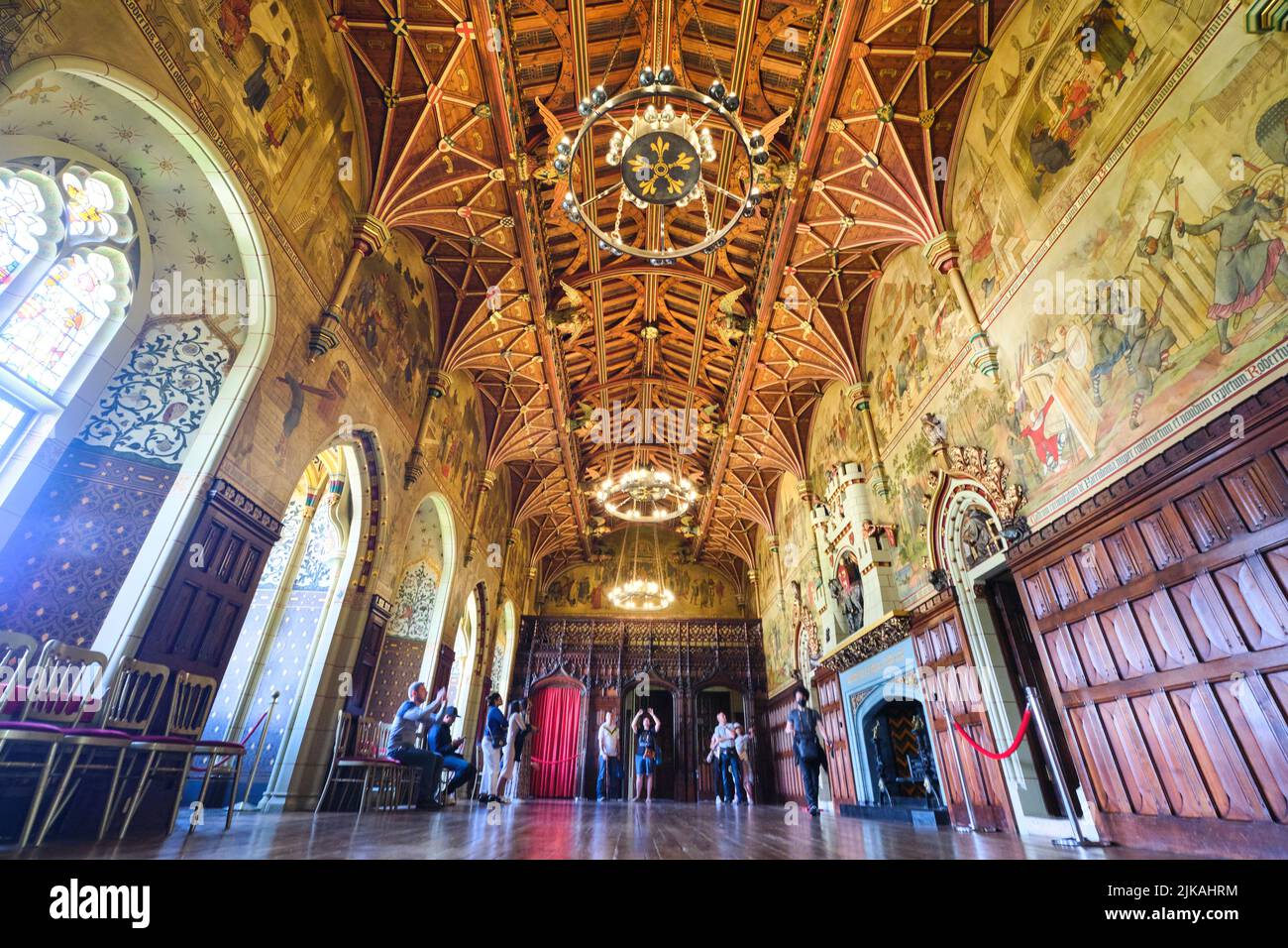 The large, rectangular Banquet Room with murals and a vaulted ceiling ...