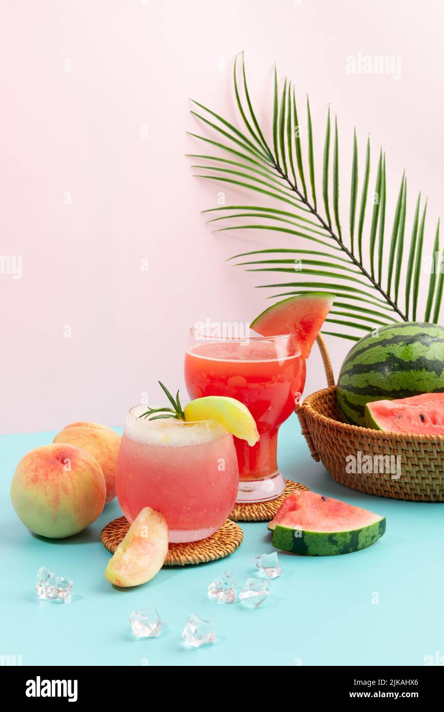 Summer drink background with peach and watermelon juice drink Stock ...