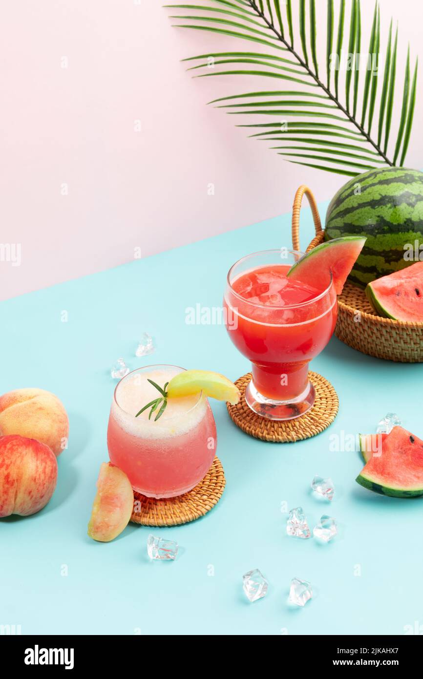 Summer drink background with peach and watermelon juice drink Stock ...