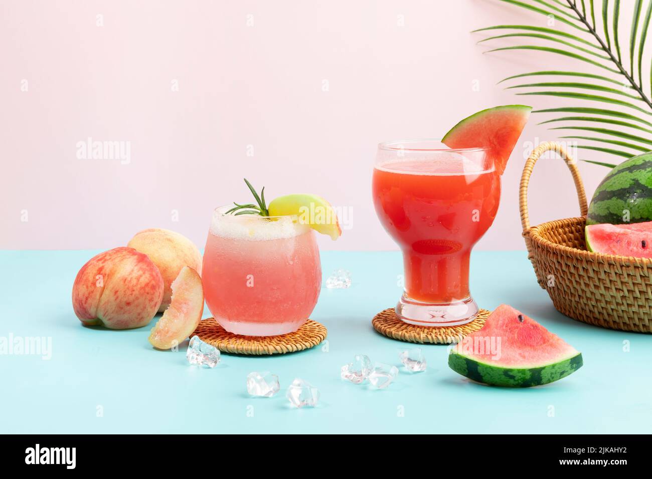 Summer drink background with peach and watermelon juice drink Stock ...