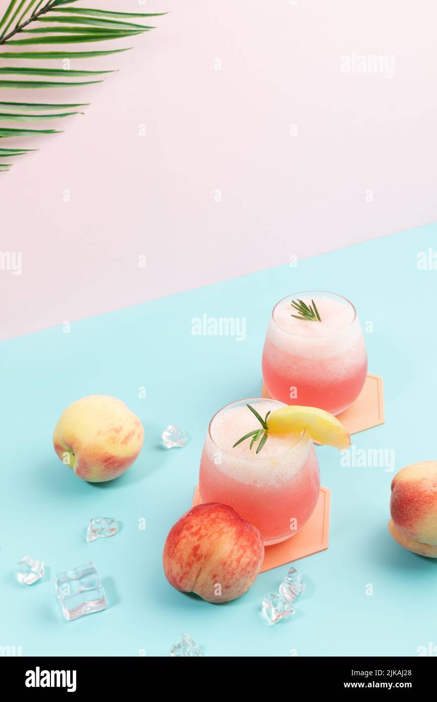 summer background with peach ade drink with peaches fruit Stock Photo ...