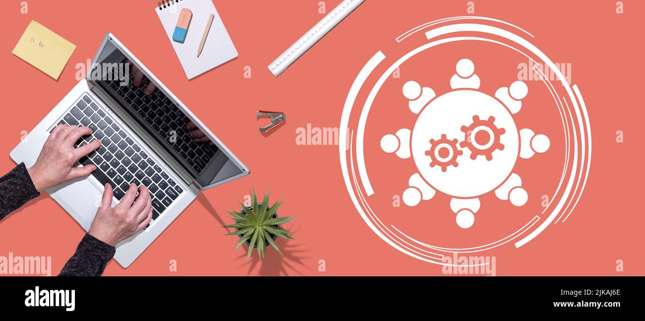 Top view of hands using laptop with symbol of workshop concept Stock ...