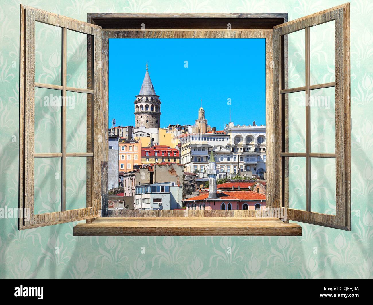 View of Istanbul, Galata tower and Bosphorus through window. City view ...