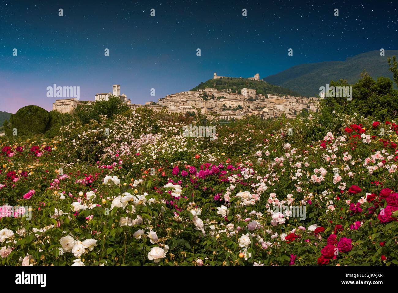 View of Assisi medieval town of peace at night in Umbria Italy Stock ...