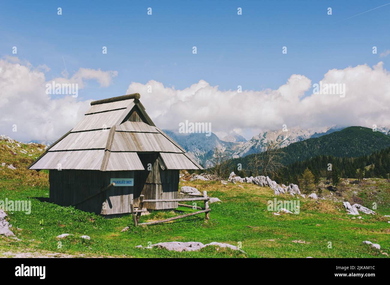 Big Pasture Plateau in the Kamnik Alps, Slovenia. Mountain cottage hut ...