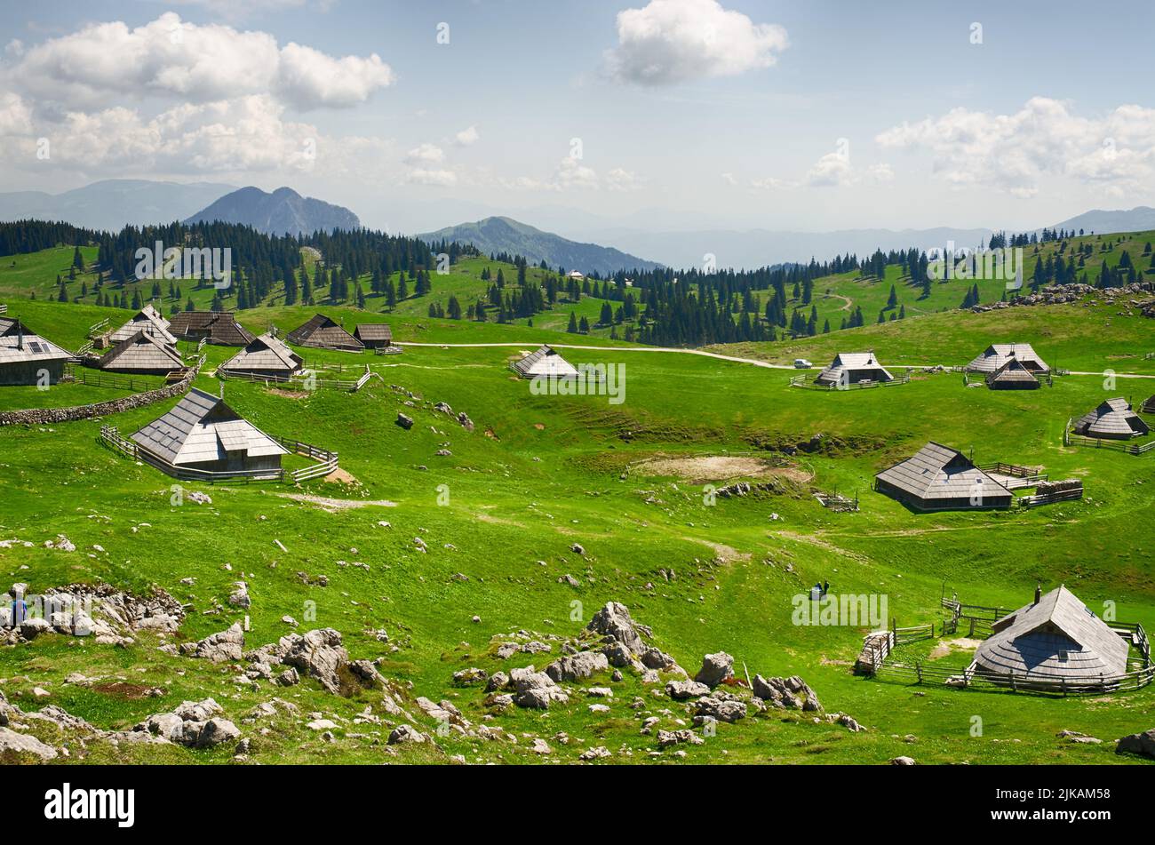 Big Pasture Plateau in the Kamnik Alps, Slovenia. Mountain cottage hut ...
