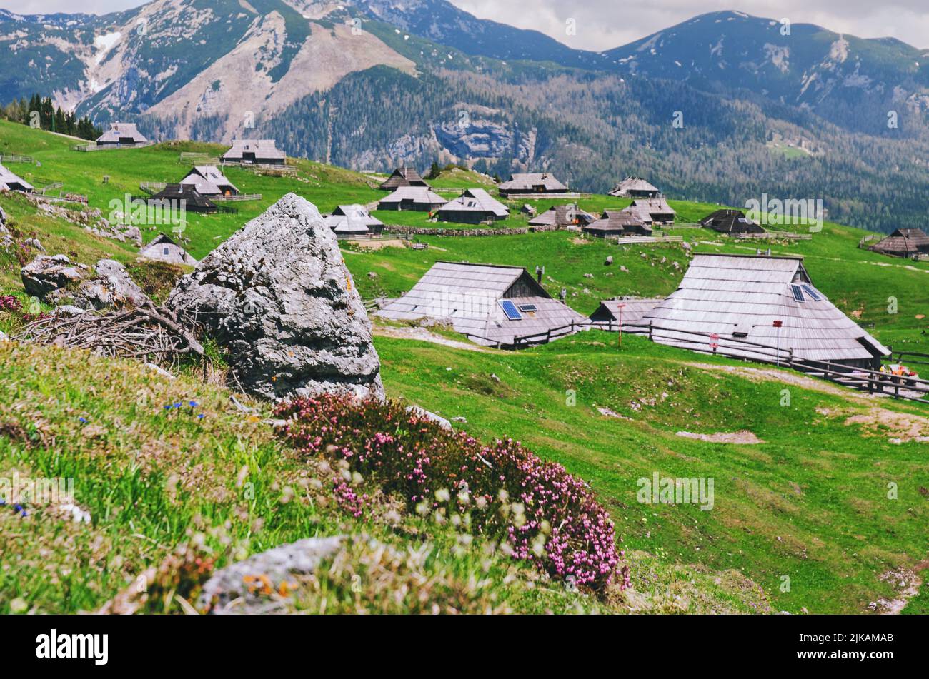 Big Pasture Plateau in the Kamnik Alps, Slovenia. Mountain cottage hut ...