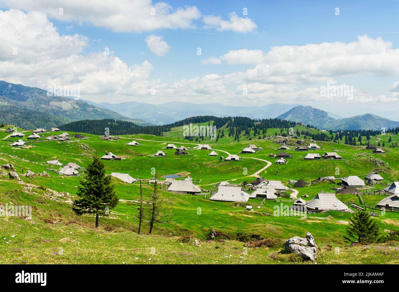 Big Pasture Plateau in the Kamnik Alps, Slovenia. Mountain cottage hut ...