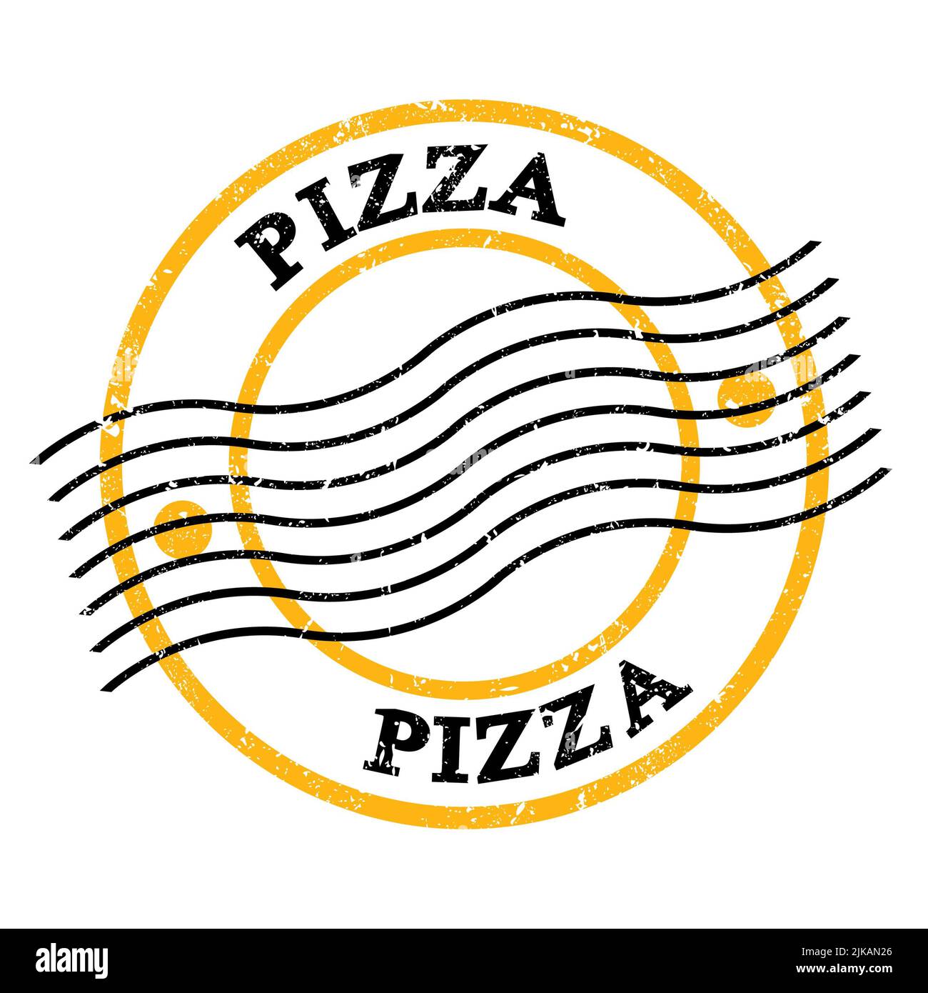 PIZZA, text written on yellow-black grungy postal stamp Stock Photo - Alamy