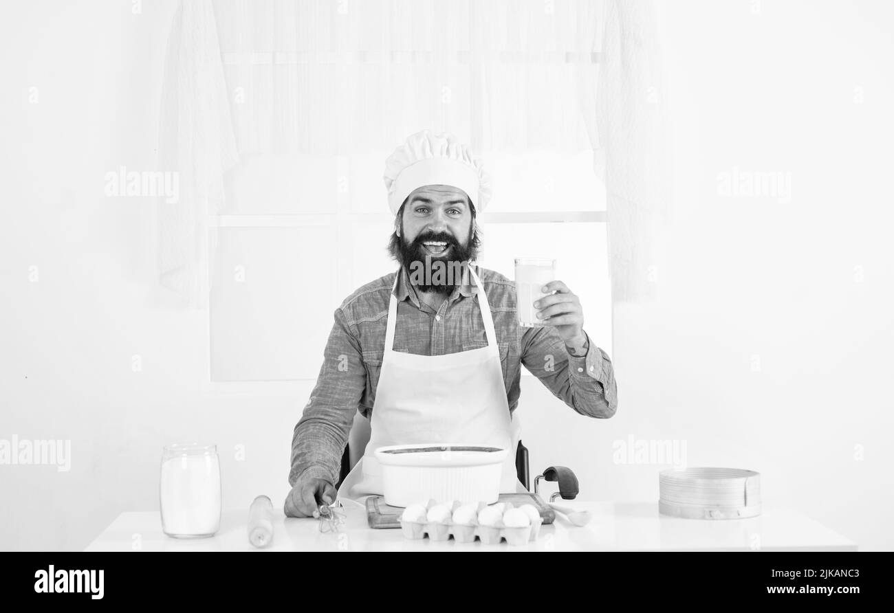 taste of health. skilled baker use kitchen utensils for cooking. male chef in hat prepare ...