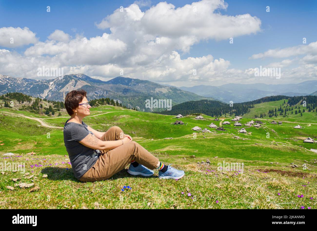 Big Pasture Plateau in the Kamnik Alps, Slovenia. Mountain cottage hut ...