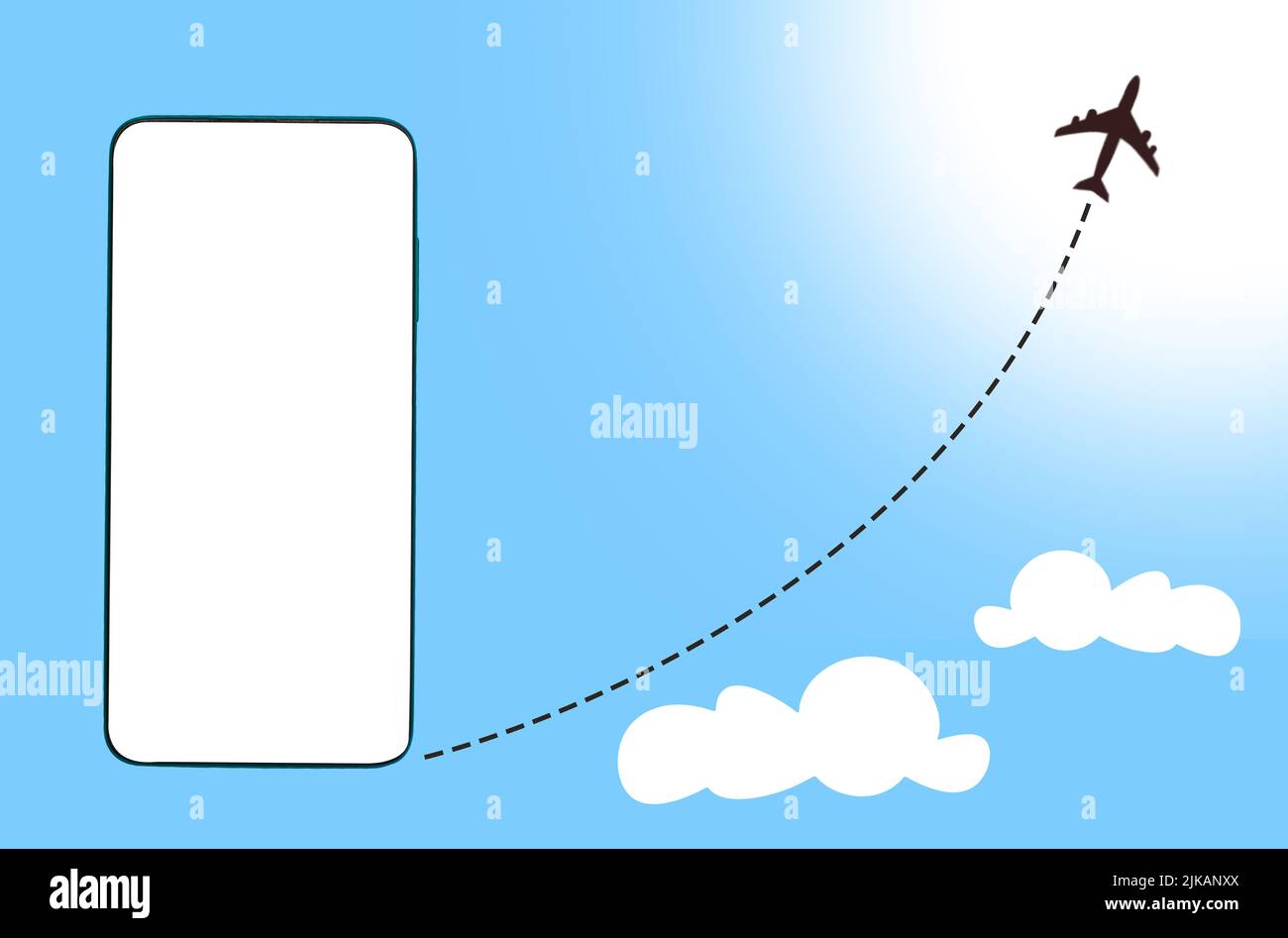Smartphone with mock up and flying silhouette of jet at sunlight. Blue ...